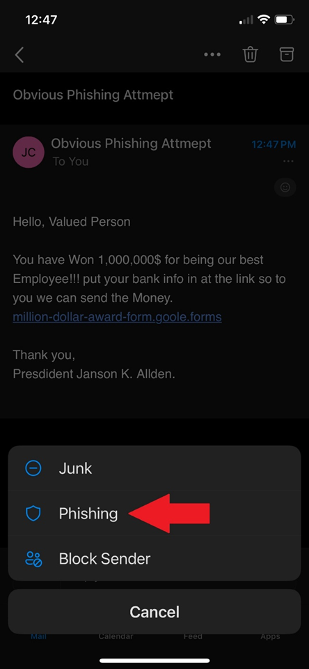 How To Report Phishing Emails from the Outlook Phone Application ...